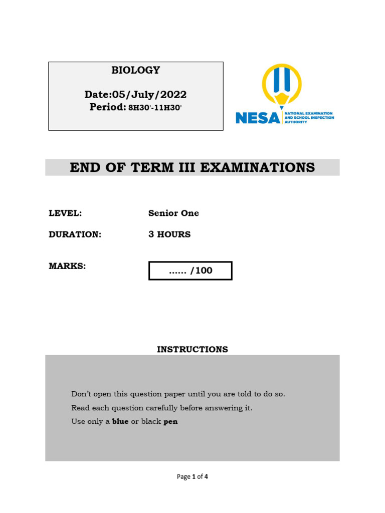 Senior One Biology Exam Questions | PDF | Luteinizing Hormone | Cell ...