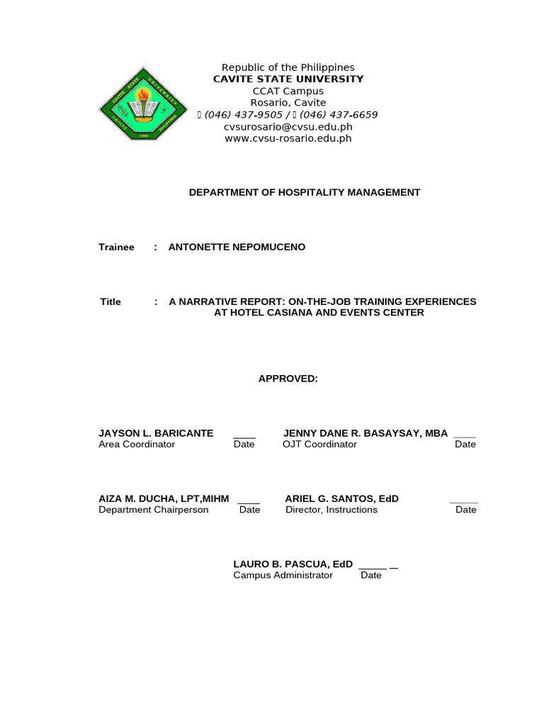 Hospitality OJT Report | PDF | Restaurants | Housekeeping
