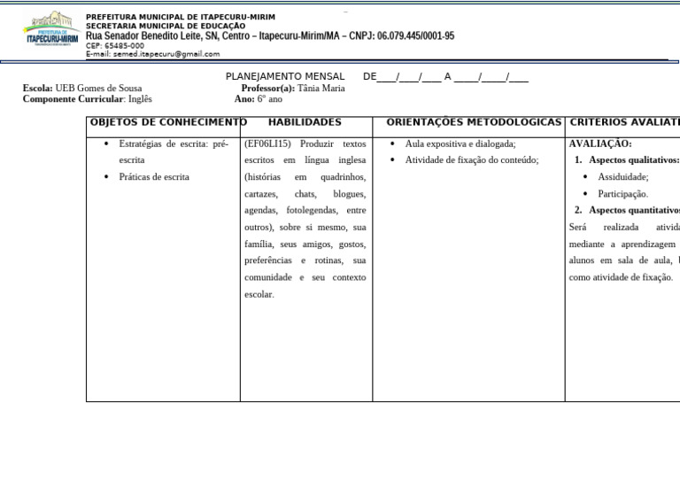Plano 6°ingles - 3 b | PDF