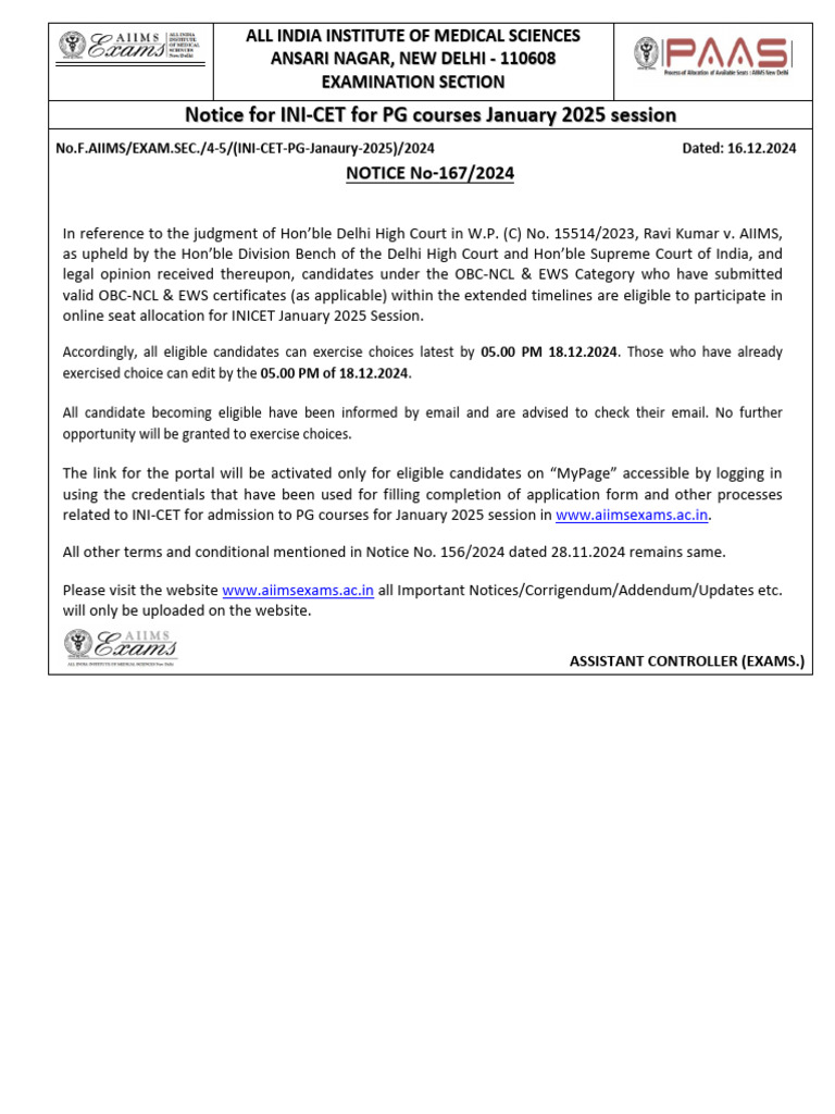 INI-CET PG 2025 Seat Allocation Notice | PDF