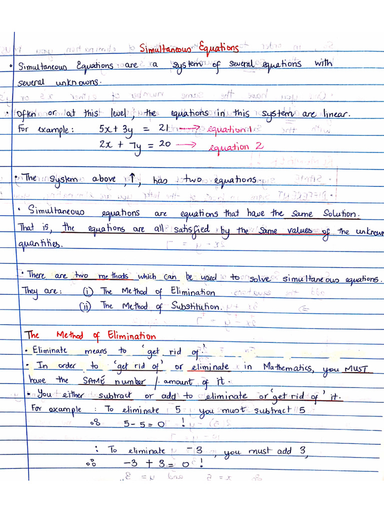Simultaneous Equations Notes | PDF