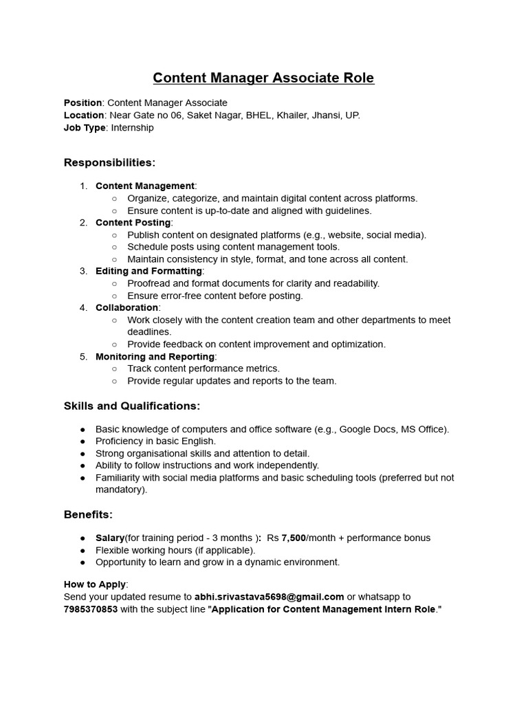 Content Management Associate Role | PDF