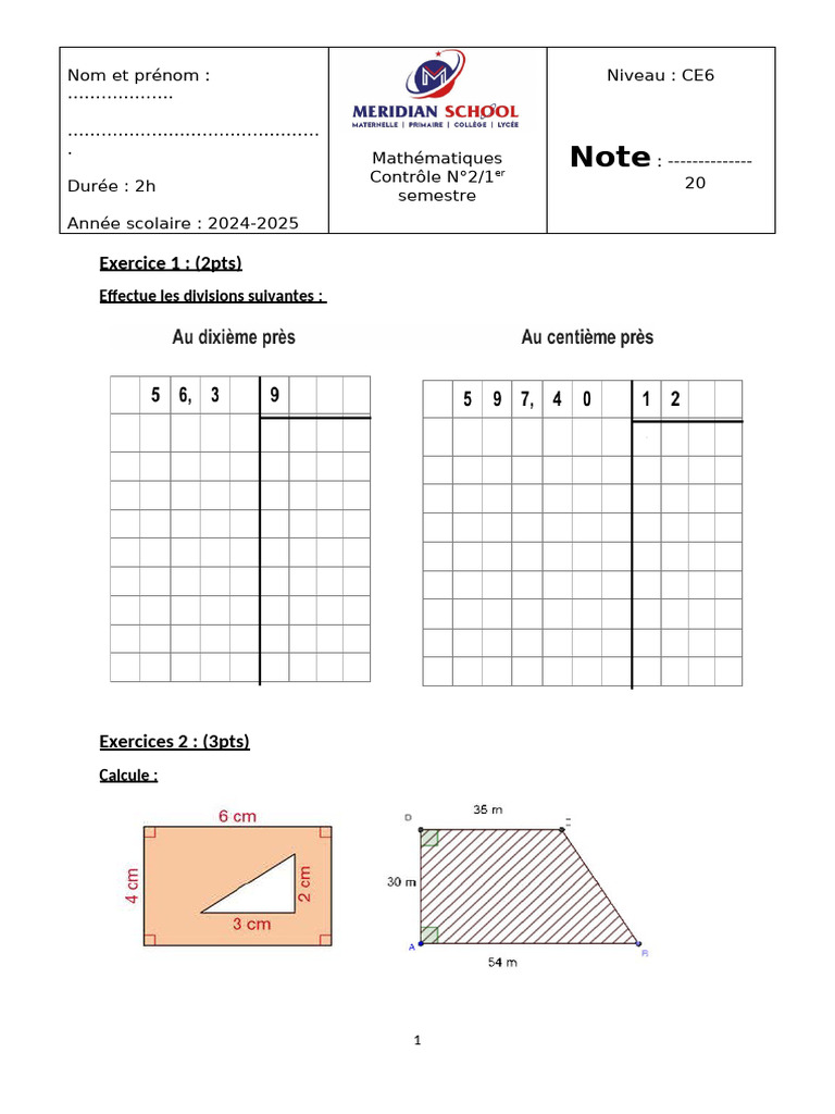 Contrôle N2 Maths CE6 | PDF