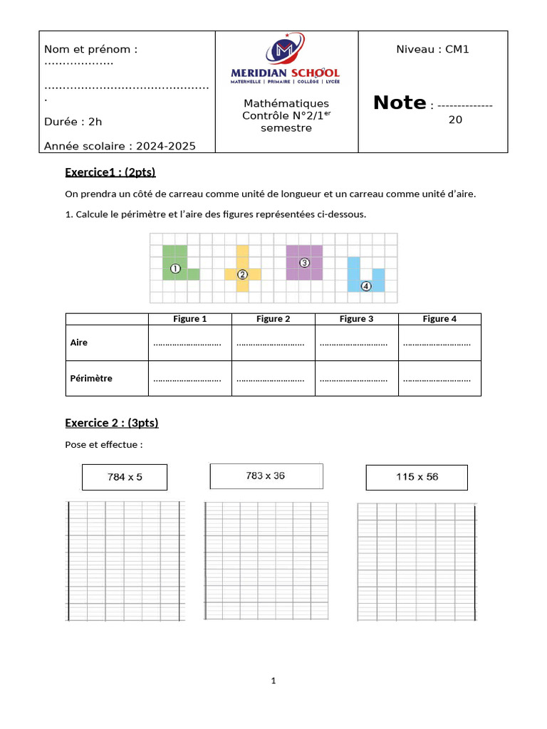 Contrôle N2 Maths CM1 | PDF