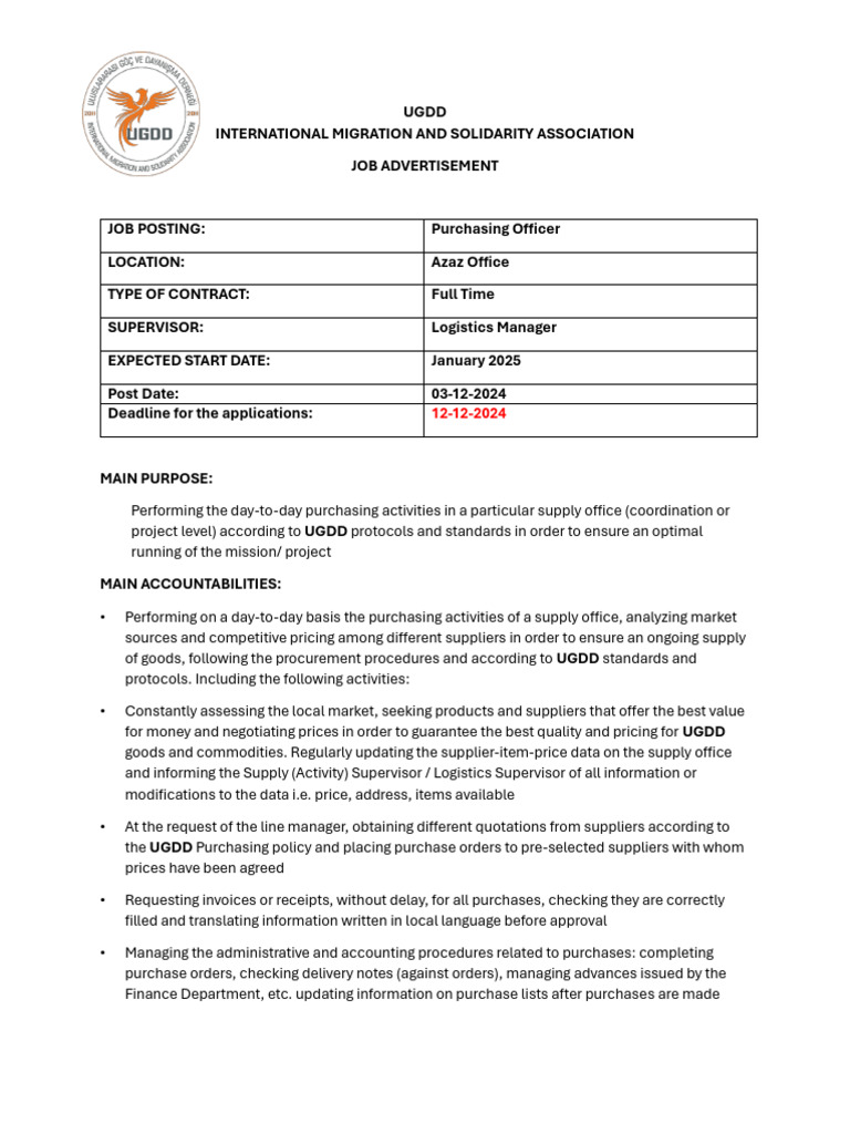 Purchasing Officer Job in Azaz Office | PDF | Supply Chain | Business