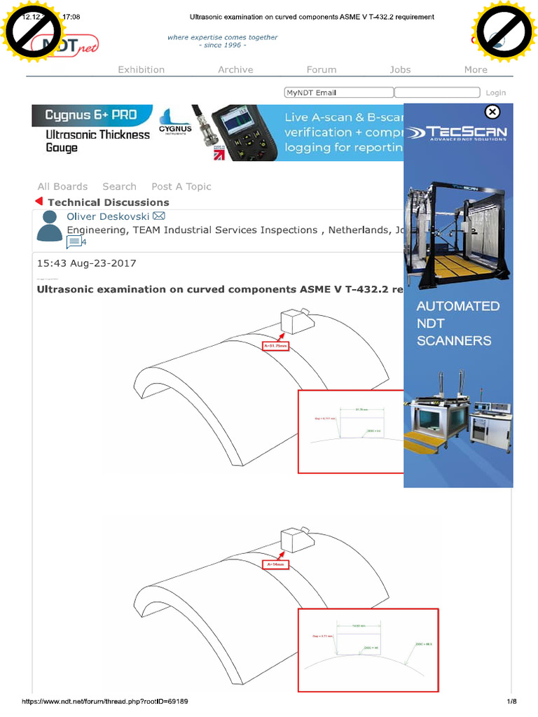 Ultrasonic examination on curved components ASME V T-432 | PDF