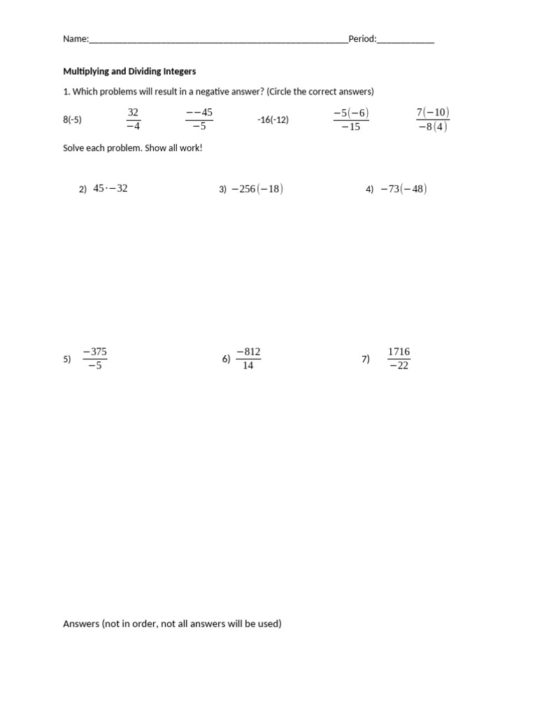 Multiplying and Dividing Integers WS | PDF