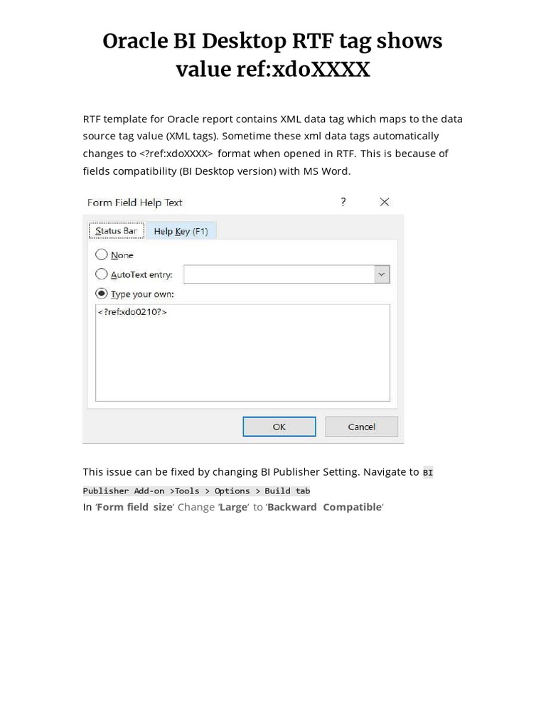 Oracle BI Desktop RTF tag shows value refxdoXXXX | PDF