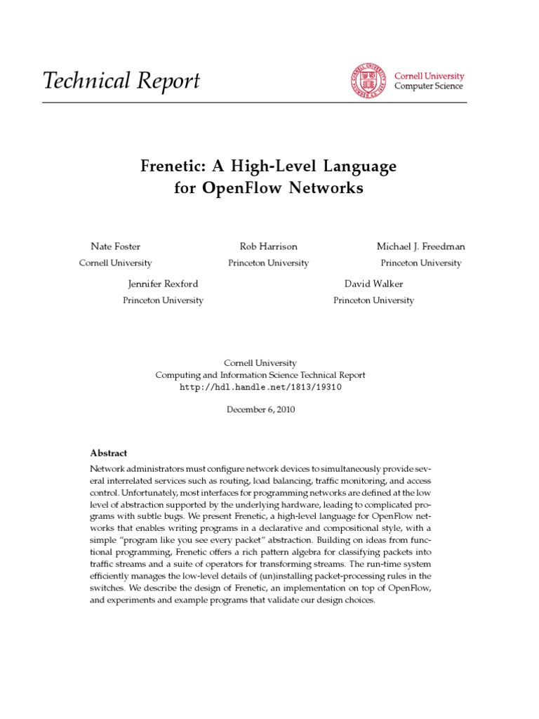 Technical Report: Frenetic: A High-Level Language For Openflow Networks ...