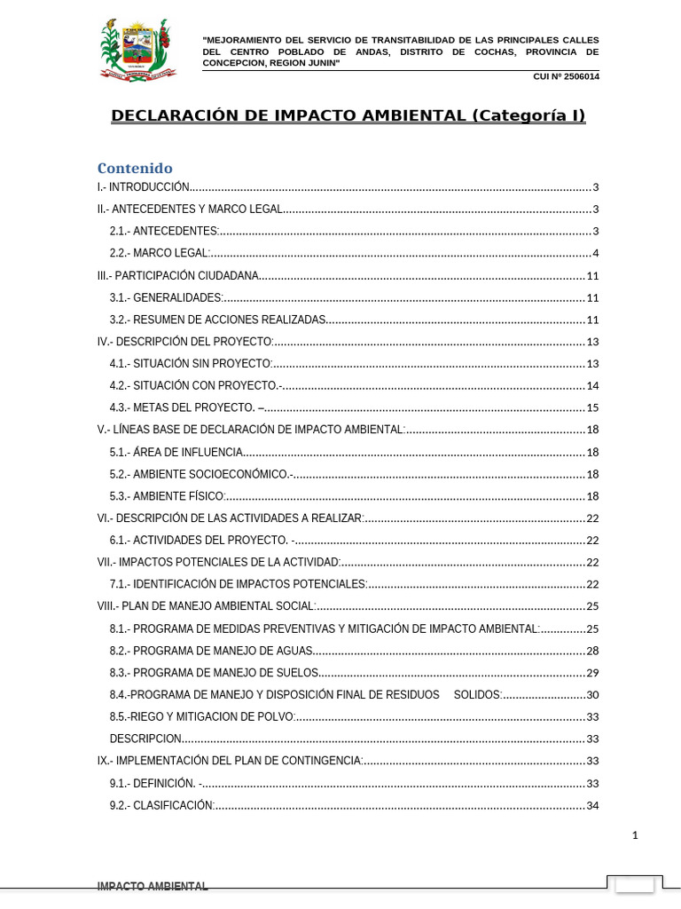 DECLARACION DE IMPACTO AMBIENTL ANDAS - Ok | PDF | Evaluación de ...