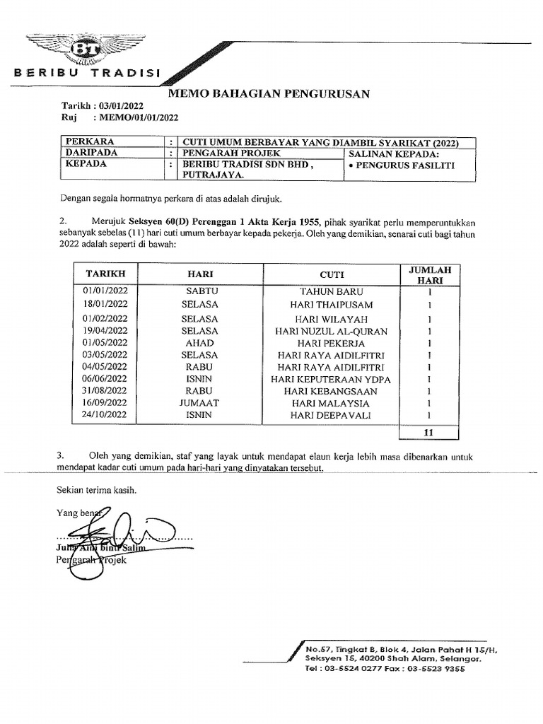 BTSB MEMO CUTI | PDF