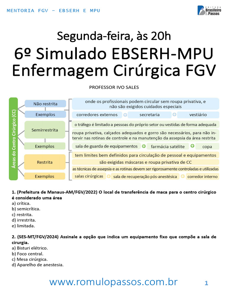 6º Simulado EBSERH - MPU (Enfermagem Cirúrgica - 52 Questões FGV)-1 | PDF | Remédio | Medicina ...