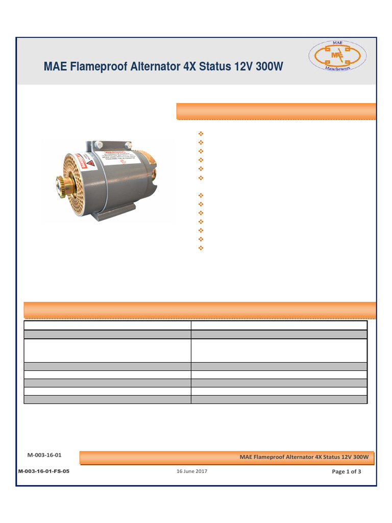 MAEF001215 4X 300W Alternator Feature Sheet 1 | PDF | Electrical Engineering | Manufactured Goods