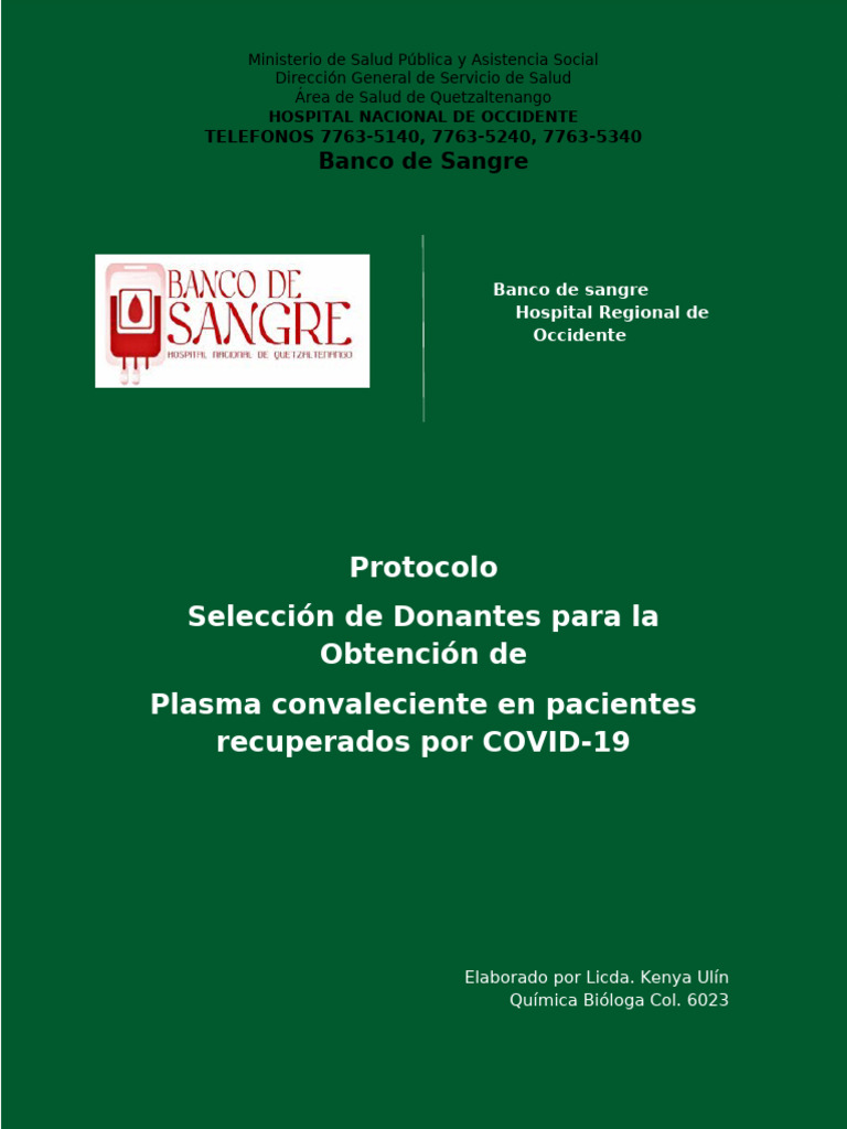 Protocolo para La Obtencion de Plasma Convaleciente | PDF | Transfusión ...