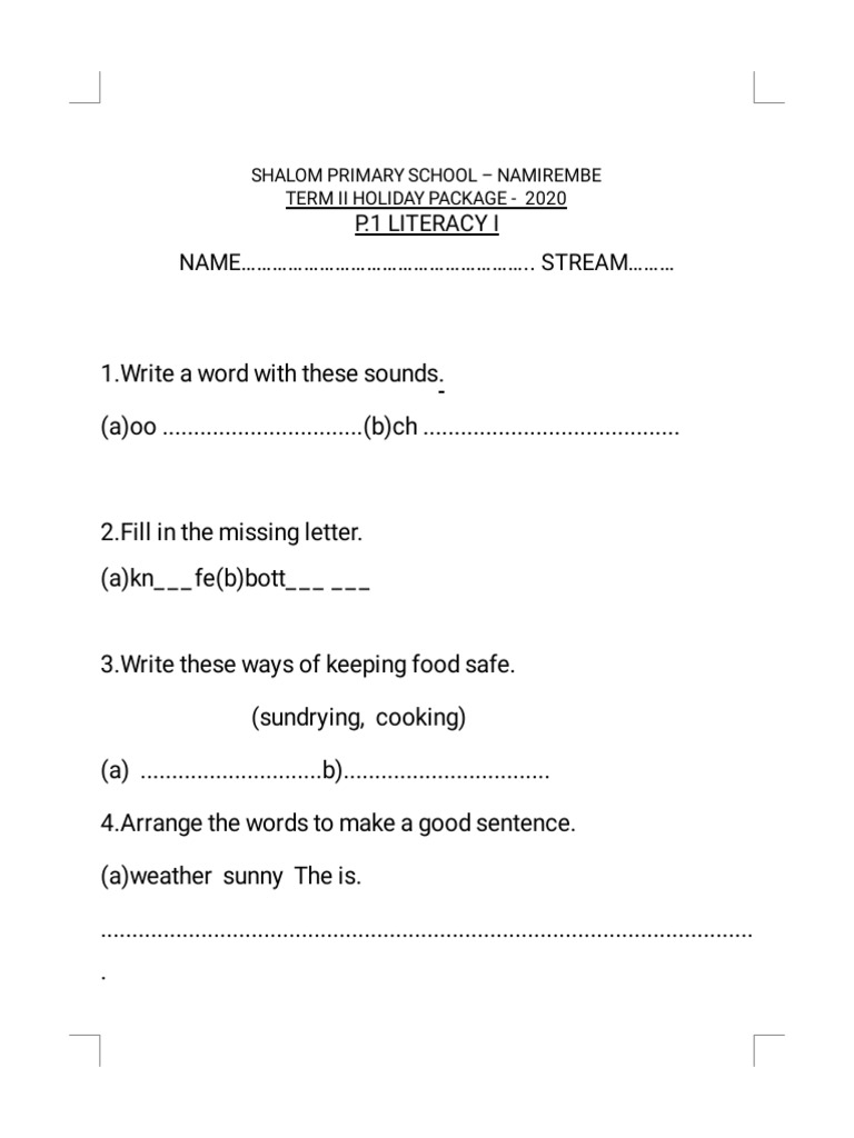 Shalom Primary School P 1 Literacy 1 Revision Work | PDF
