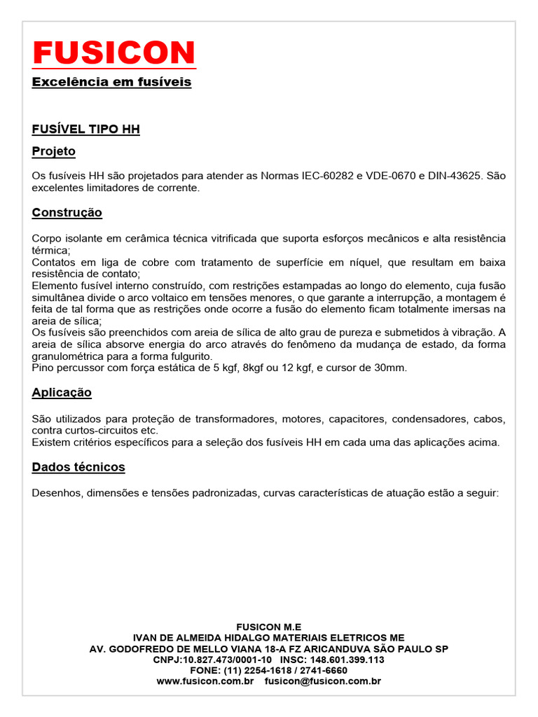 CATALOGO FUSÍVEIS HH - Fusicon | PDF | Fusível (elétrico) | Estresse (Mecânica)