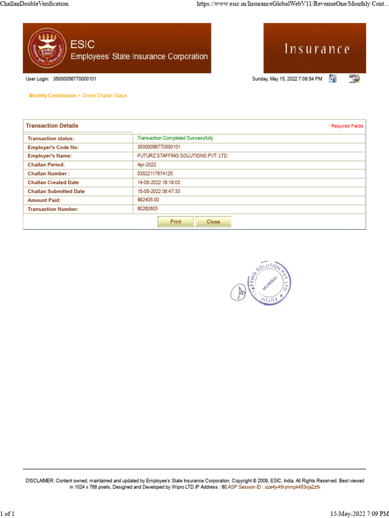 ESIC Monthly Contribution Transaction Report | PDF
