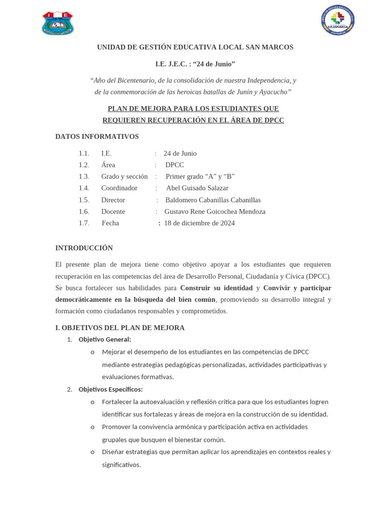 Plan de Mejora DPCC | PDF | Las emociones | Evaluación