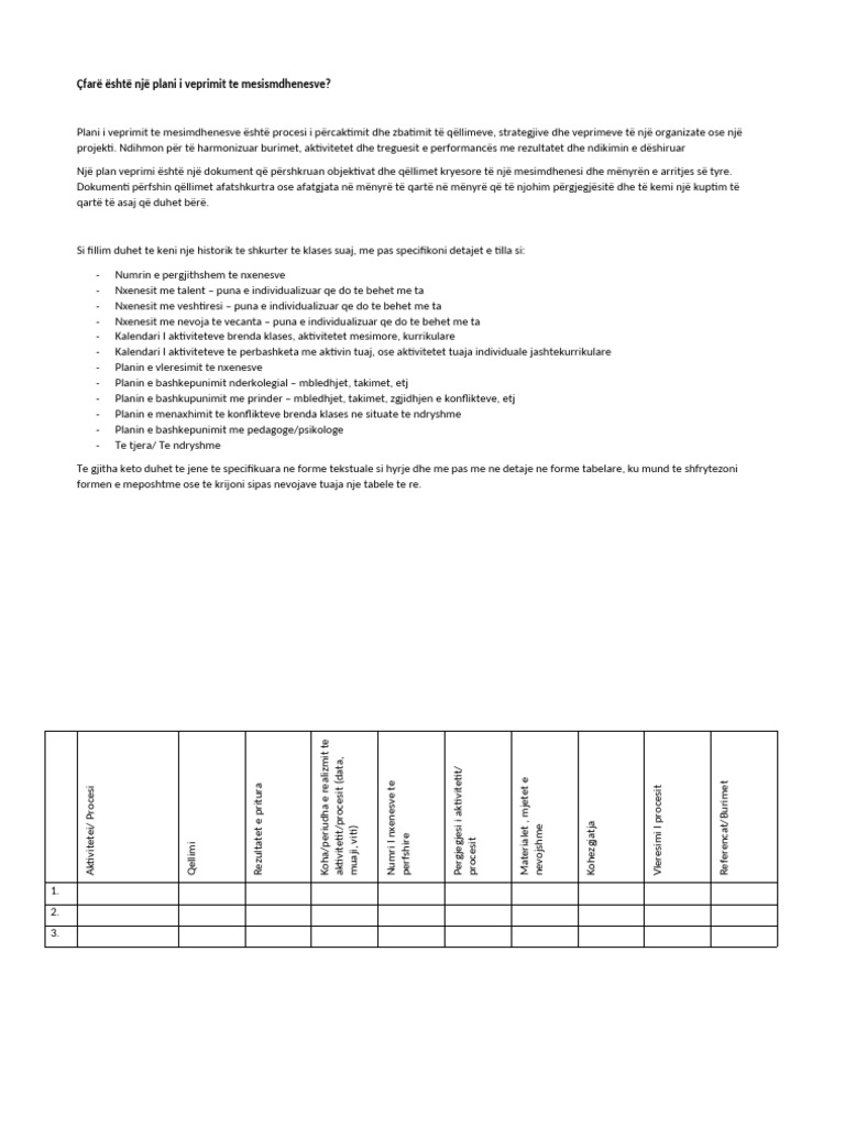 Çfarë Është Një Plani I Veprimit Te Mesismdhenesve | PDF
