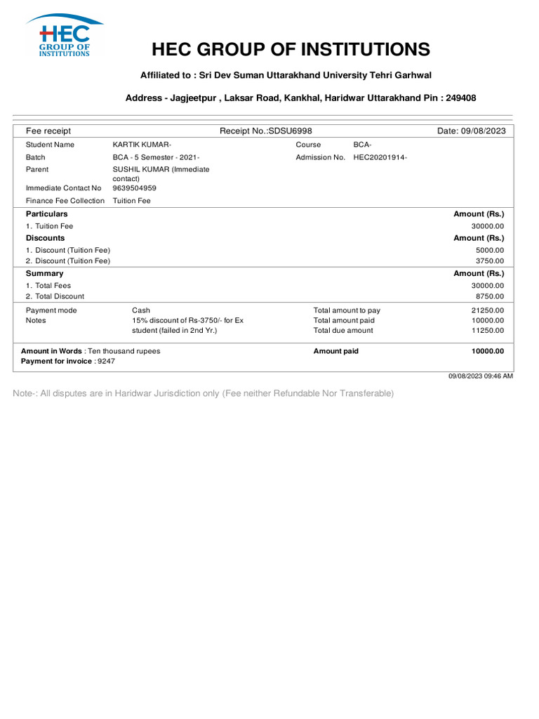 BCA Fee Receipt for Kartik Kumar | PDF | Receipt | Services (Economics)