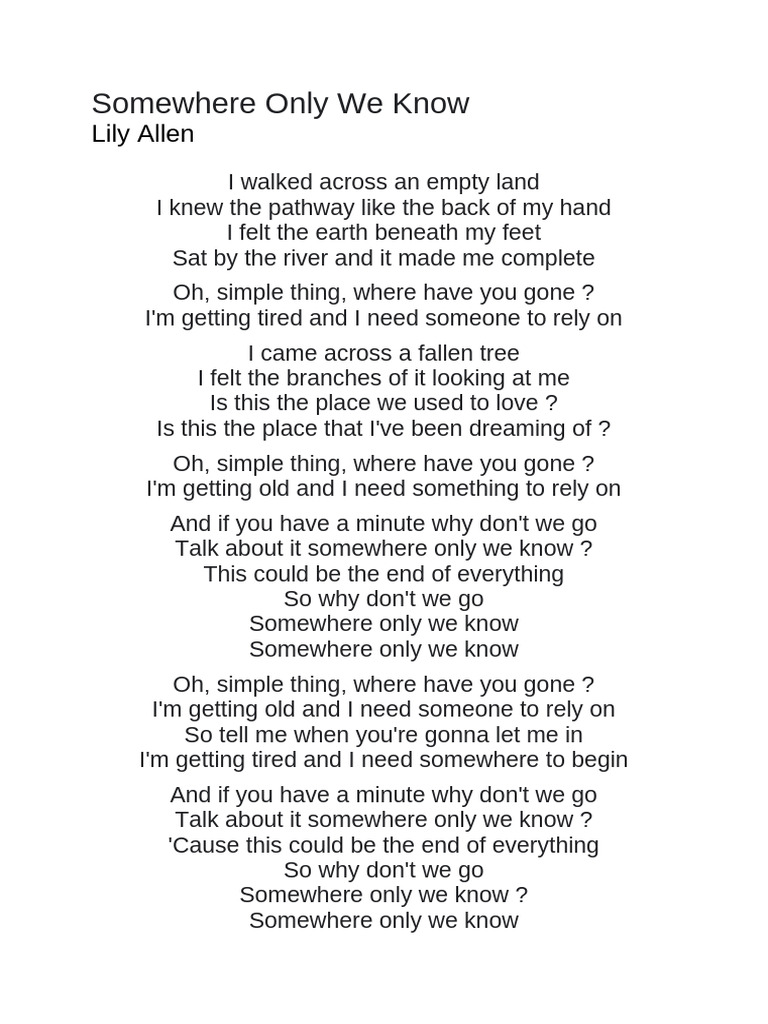 Somewhere Only We Know Parole | PDF