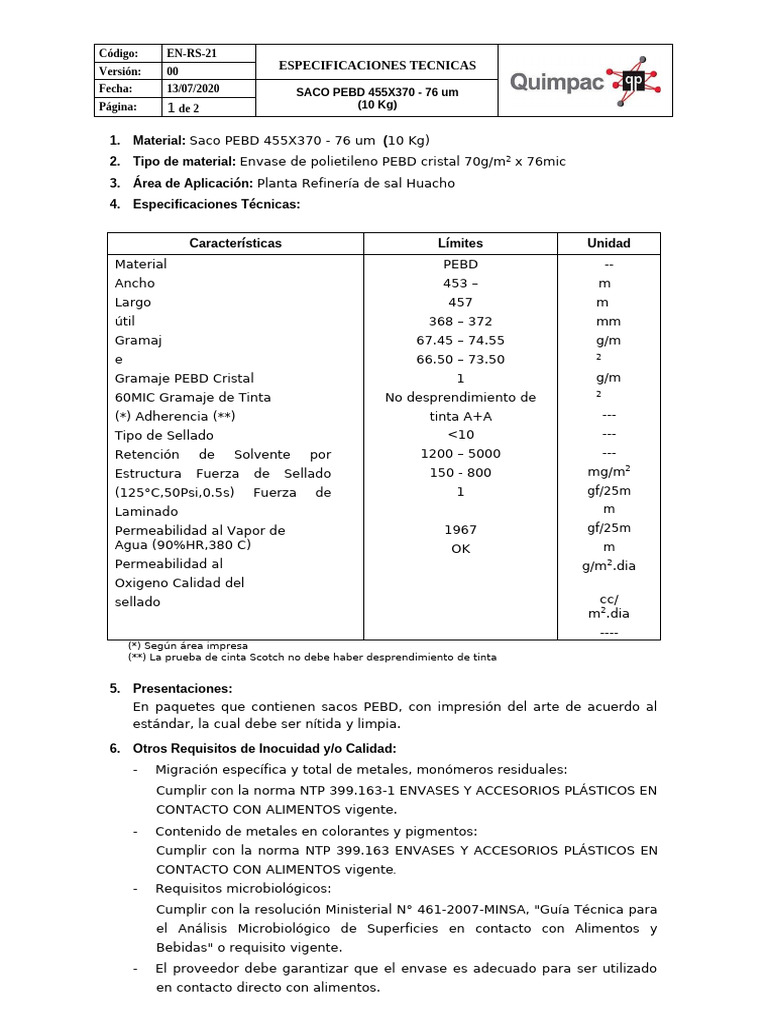 Especificaciones Saco PEBD 455x370 10 Kg | PDF