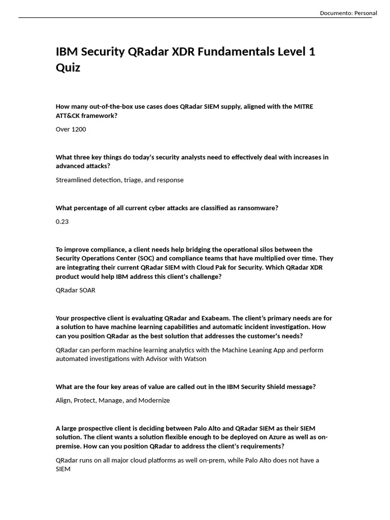 IBM_Security_QRadar_XDR_Fundamentals_Level_1_Quiz.docx | PDF | Computing | Information Technology