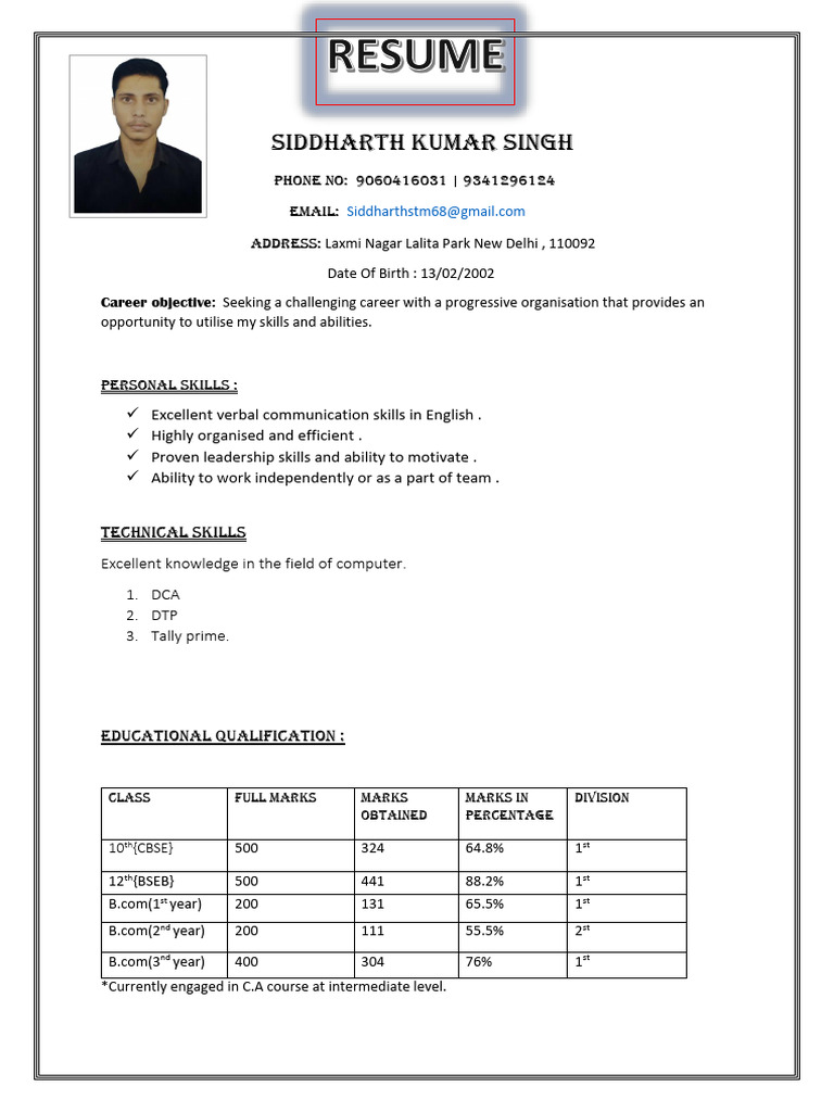 Siddharth Kumar Singh: PHONE NO: 9060416031 - 9341296124 Email: Address | PDF