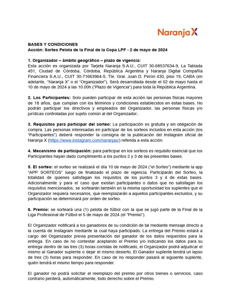 BASES Y CONDICIONES - Sorteo Pelota Final Mayo 2024 | PDF