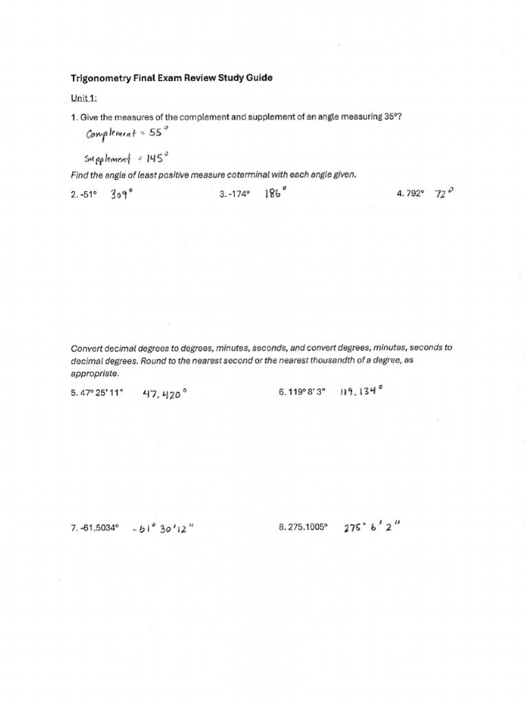 Trigonometry Final Exam Review Study Guide Answers (2024) | PDF