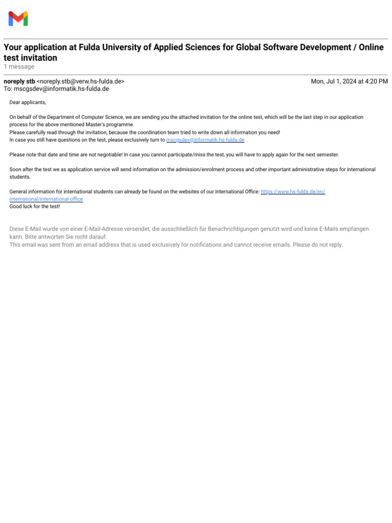 Fulda Univ. Global Software Test Invite | PDF