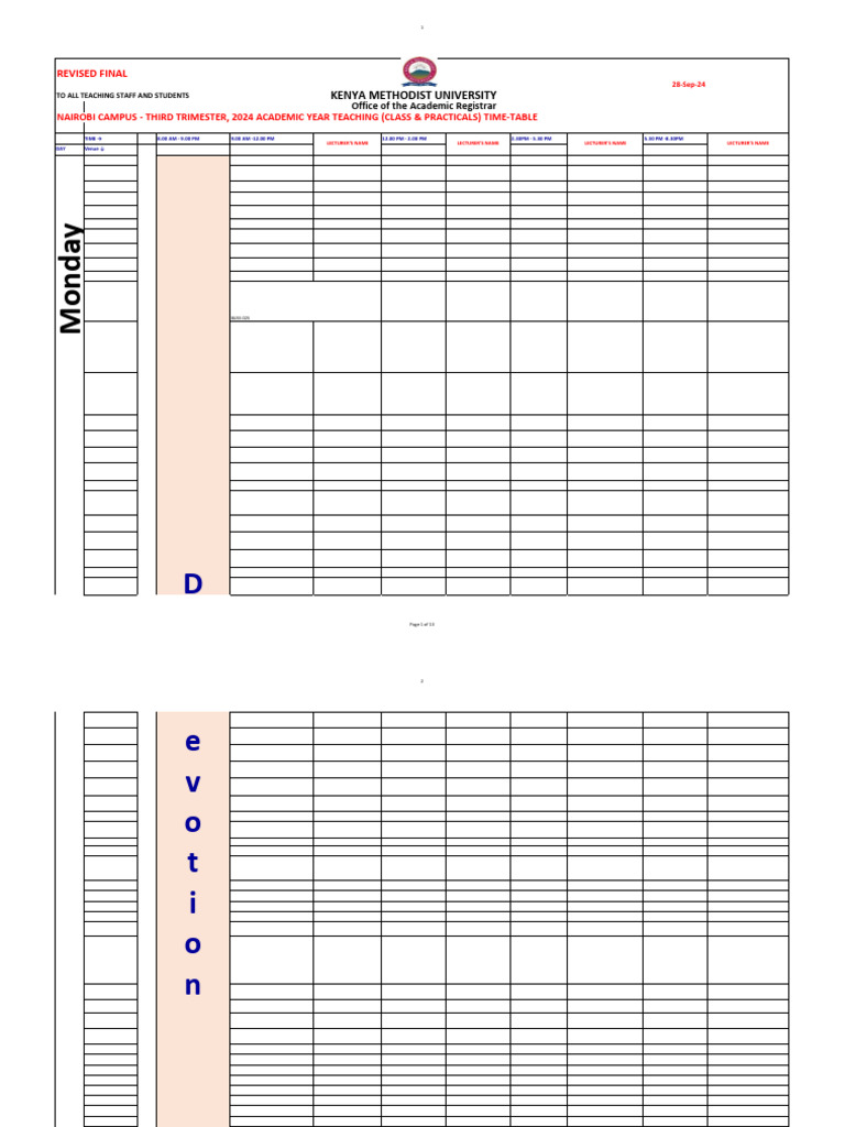 Nairobi Campus Third Trimester 2024 Teaching Timetable - REVISED FINAL - 28.09.2024 | PDF