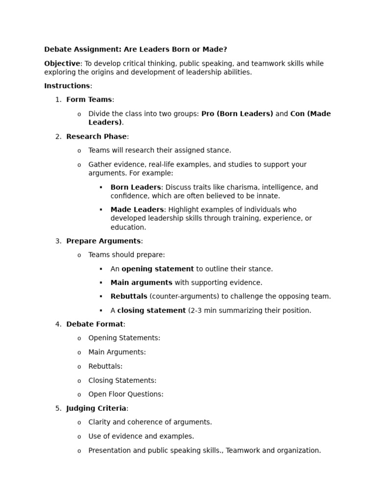 Assignment2 Debate Assignment Are Leaders Born or Made | PDF