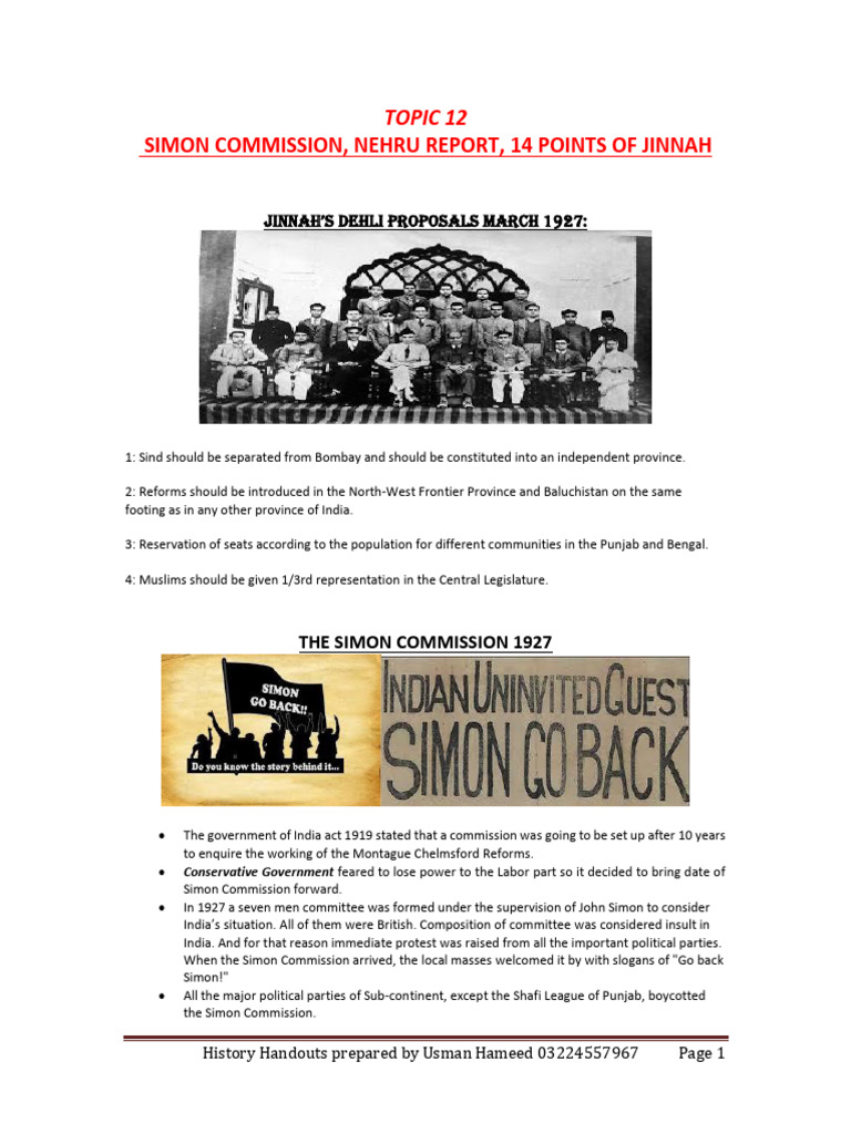Topic 12 - Simon Commission, Nehru Report, 14 Points of Jinnah | PDF ...