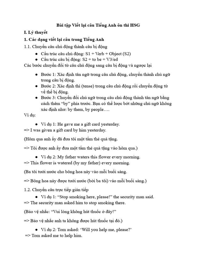 50 Bai Tap Viet Lai Cau Tieng Anh On Thi HSG Co Dap An Chi Tiet | PDF