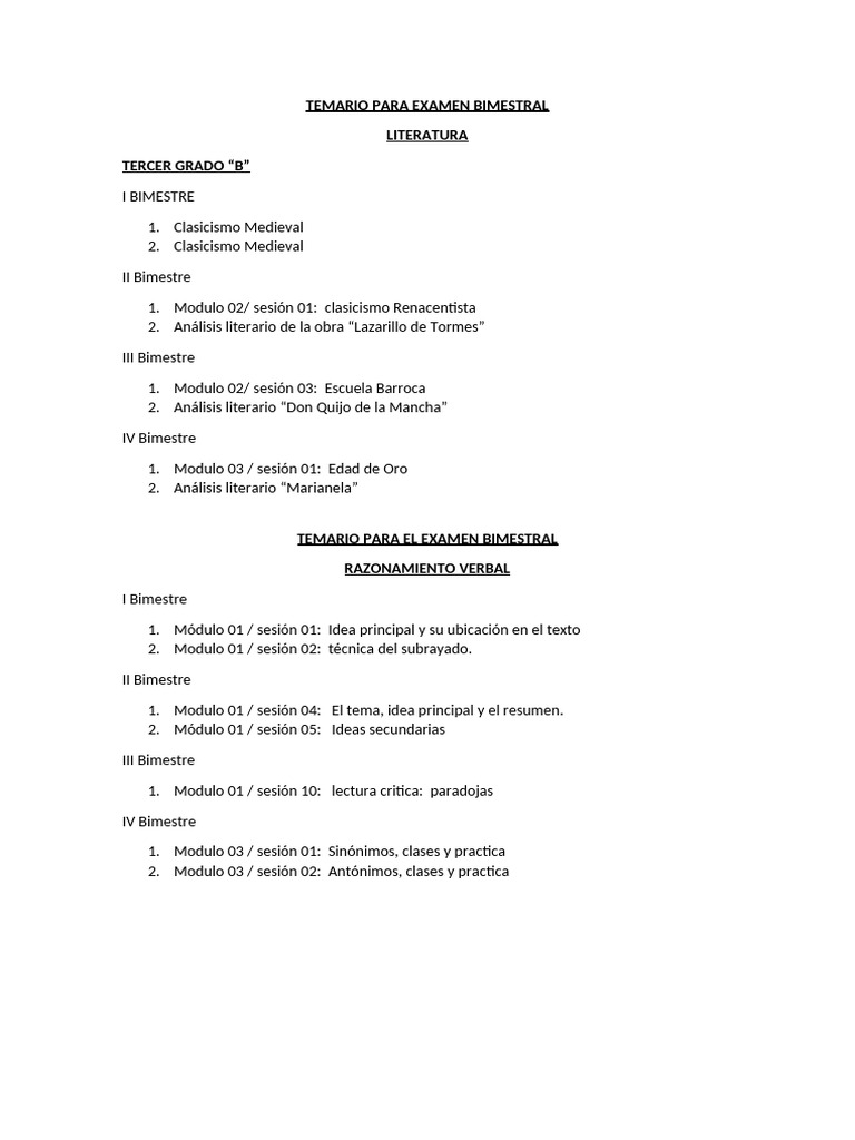 Temario Examen Bimestral 3b | PDF