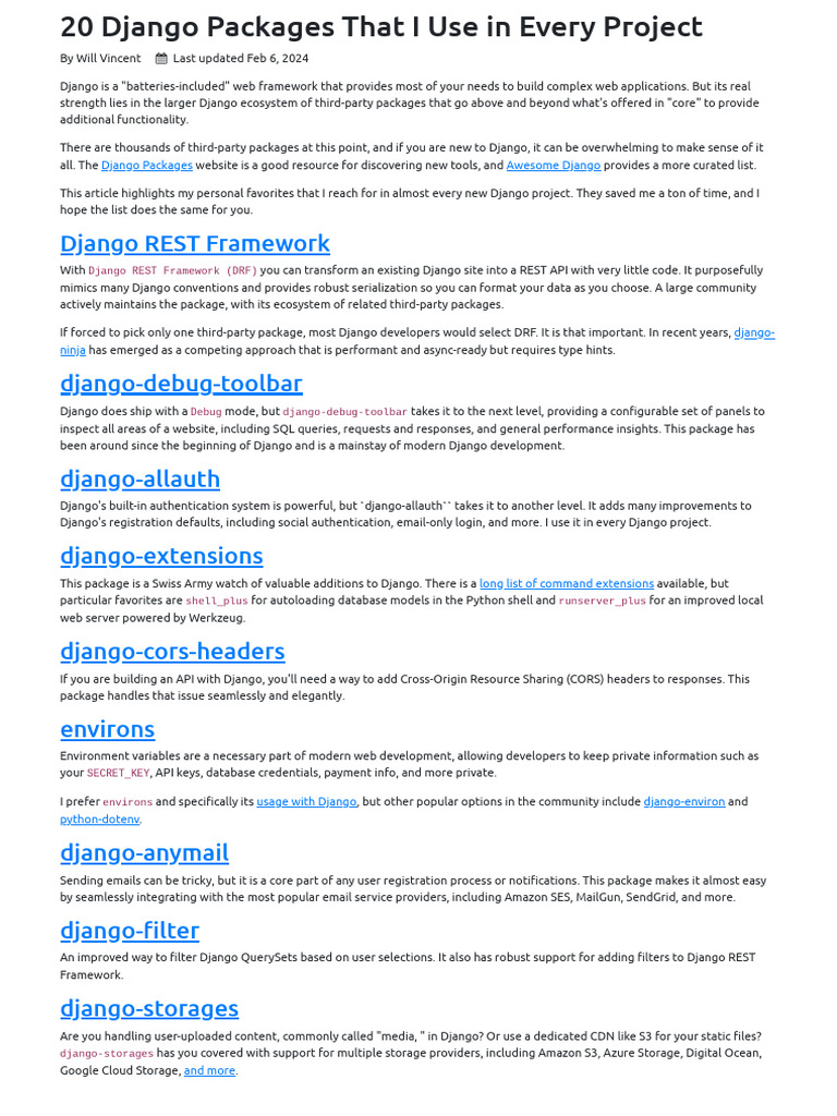 Top 20 Essential Django Packages | PDF | Computing | Software