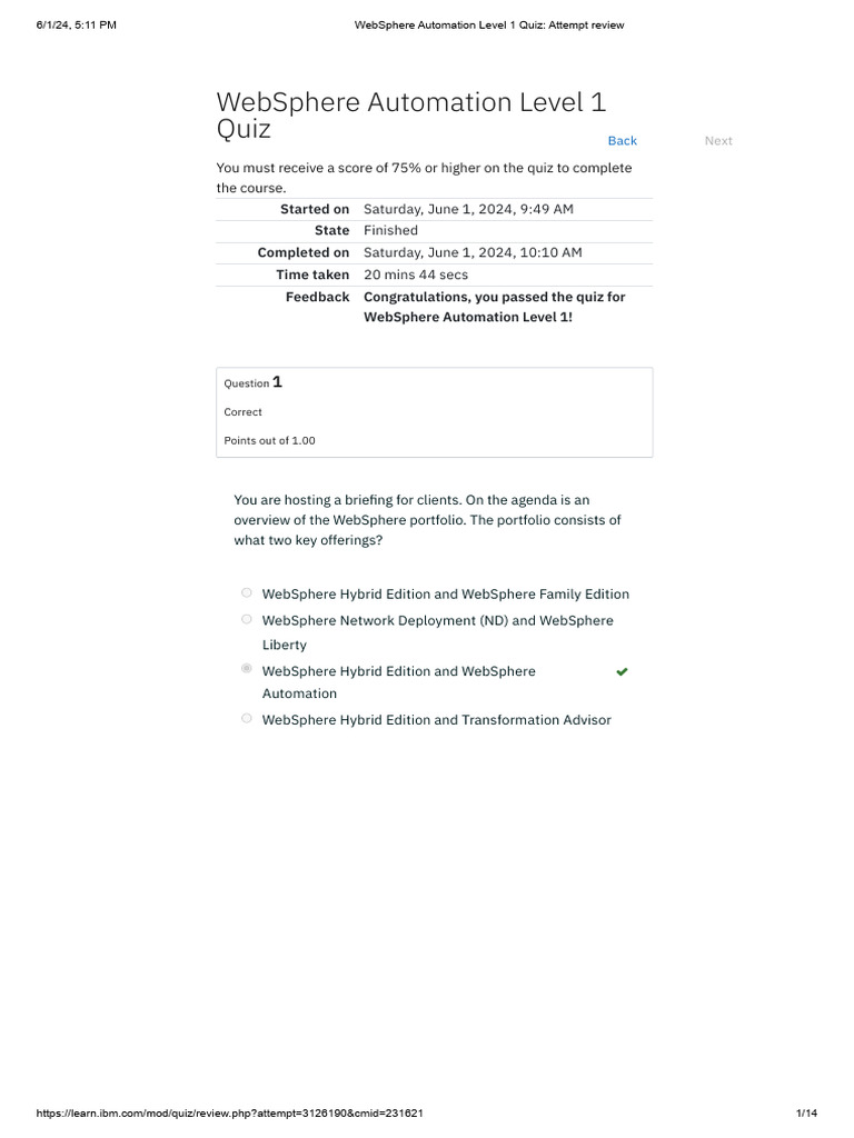 WebSphere Automation Level 1 Quiz_ Attempt review | PDF | Computing | Software Engineering
