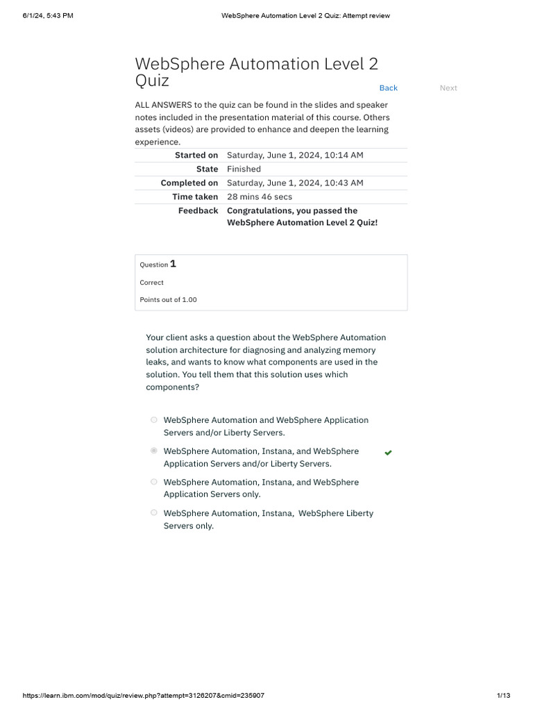 WebSphere Automation Level 2 Quiz - Attempt Review | PDF | Computing | Software
