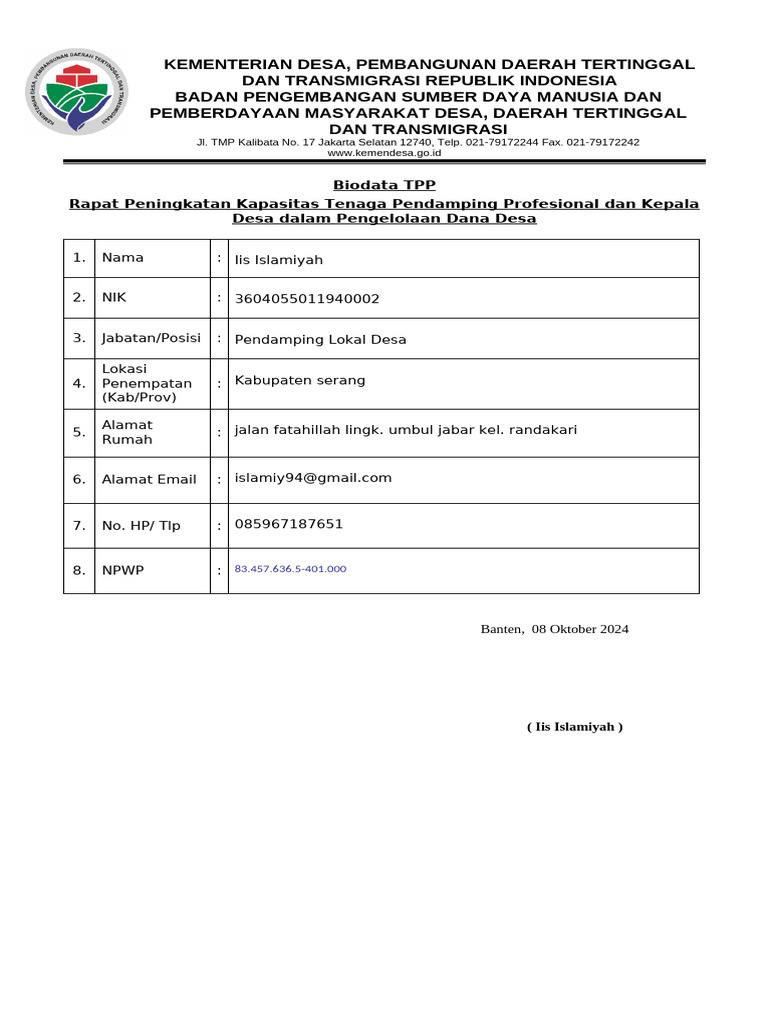 Biodata Peserta Untuk TPP | PDF