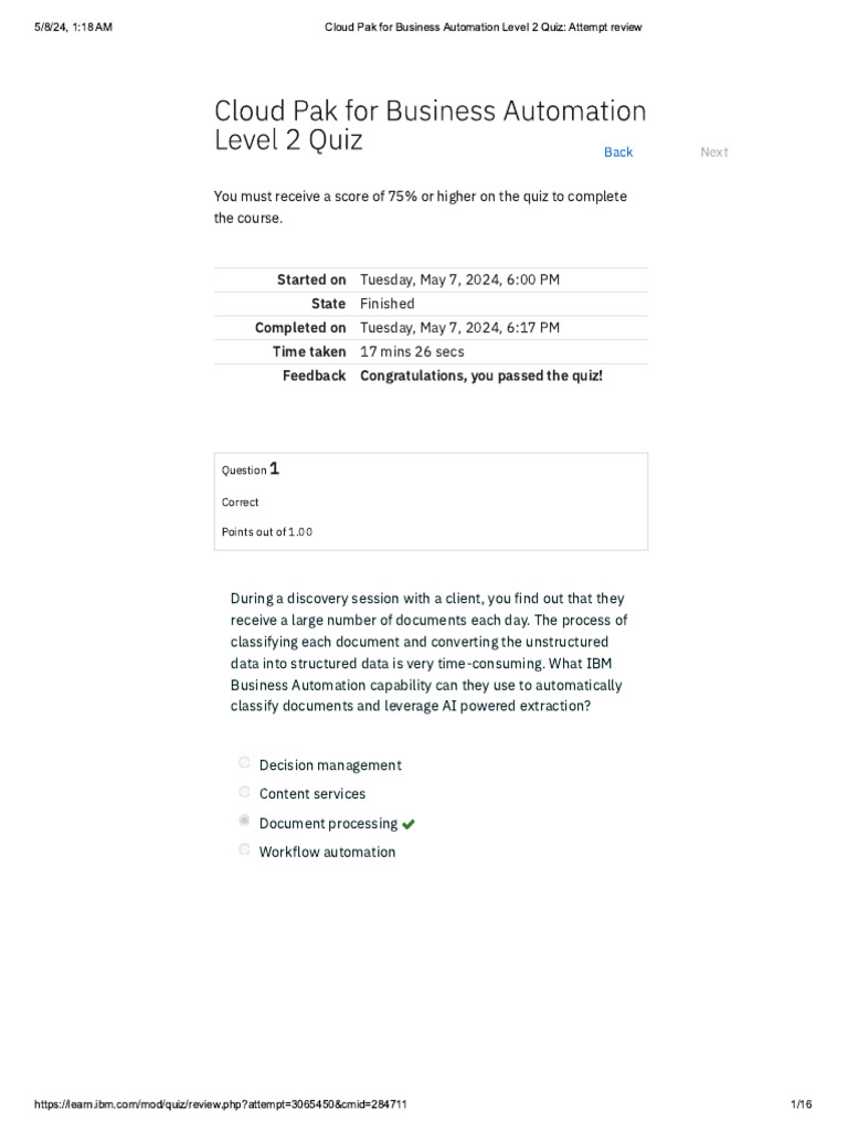Cloud Pak for Business Automation Level 2 Quiz_ Attempt review | PDF
