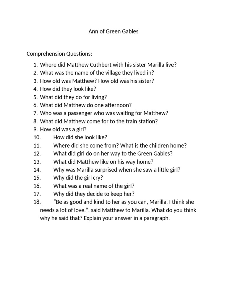 Chapter 1 Questions Anne of Green Gables | PDF