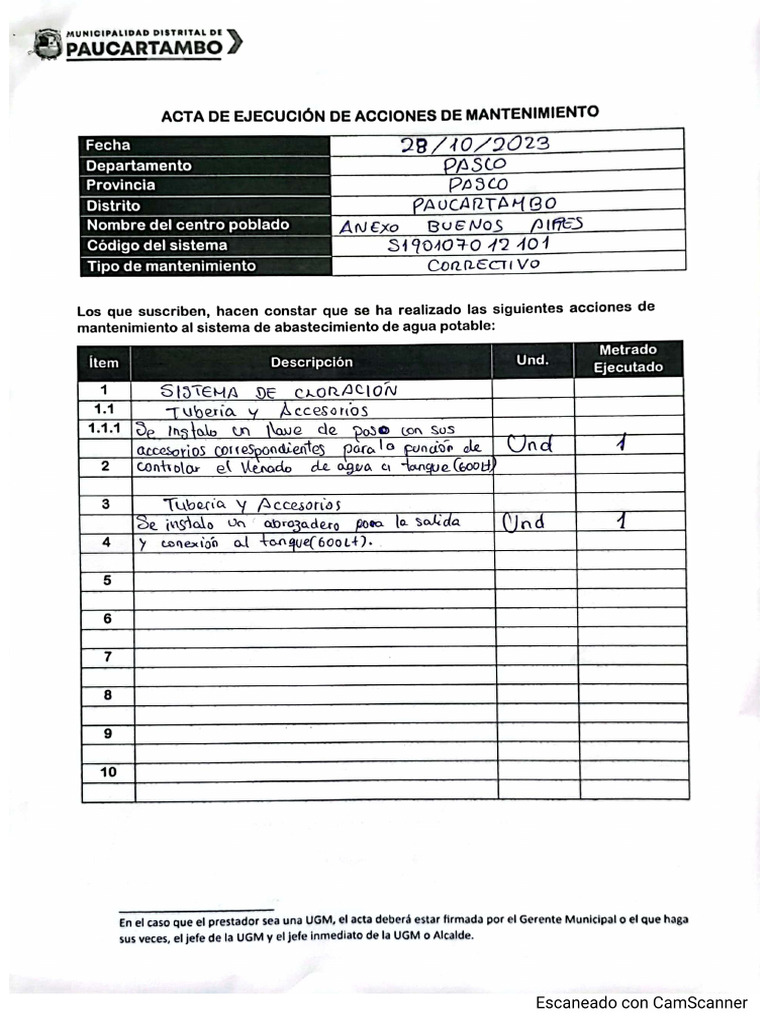 Acta de Ejecucion de Acciones de Mantenimiento Ba | PDF