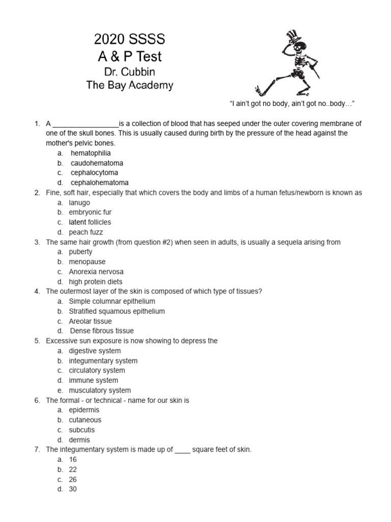 Anatomy & Physiology Practice Test | PDF | Skin | Integumentary System