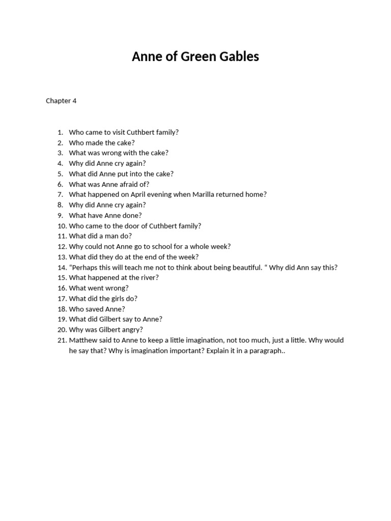 Chapter 4 Summary of Anne of Green Gables | PDF
