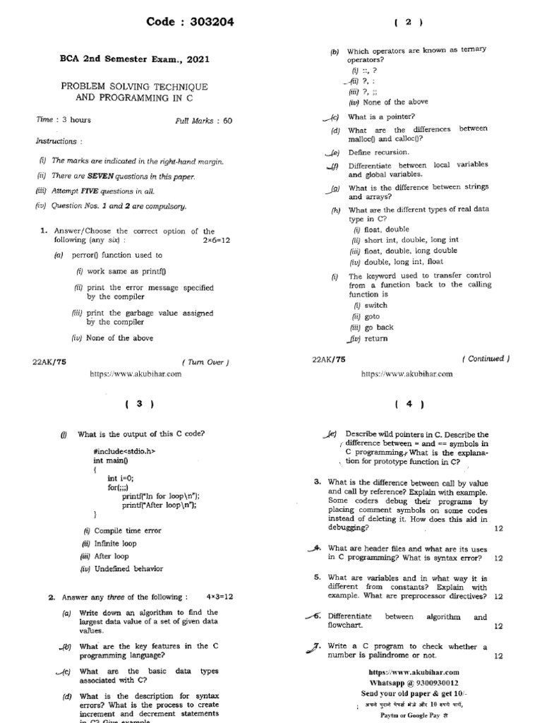 Bca 2 Sem Problem Solving Technique and Programming in C 303204 2021 | PDF