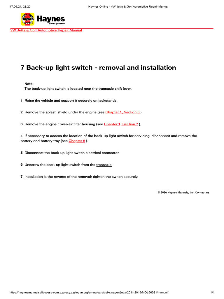 7a Manual Transaxle 7 Back-Up Light Switch - Removal and Installation | PDF