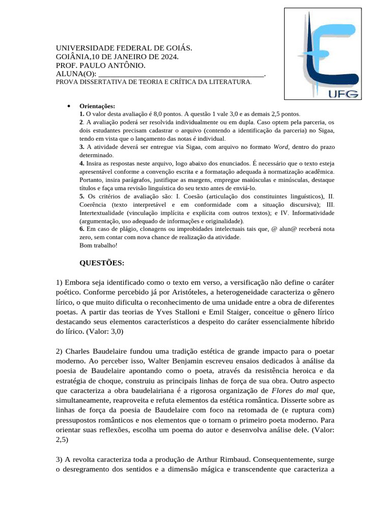 Prova Dissertativa 2 de TCL | PDF | Poesia | Charles Baudelaire