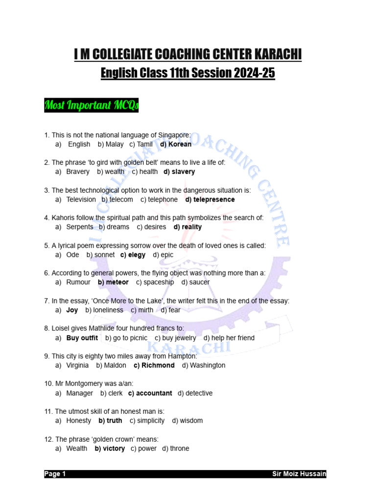 XI-English Most Important MCQs | PDF | Poetry | William Wordsworth