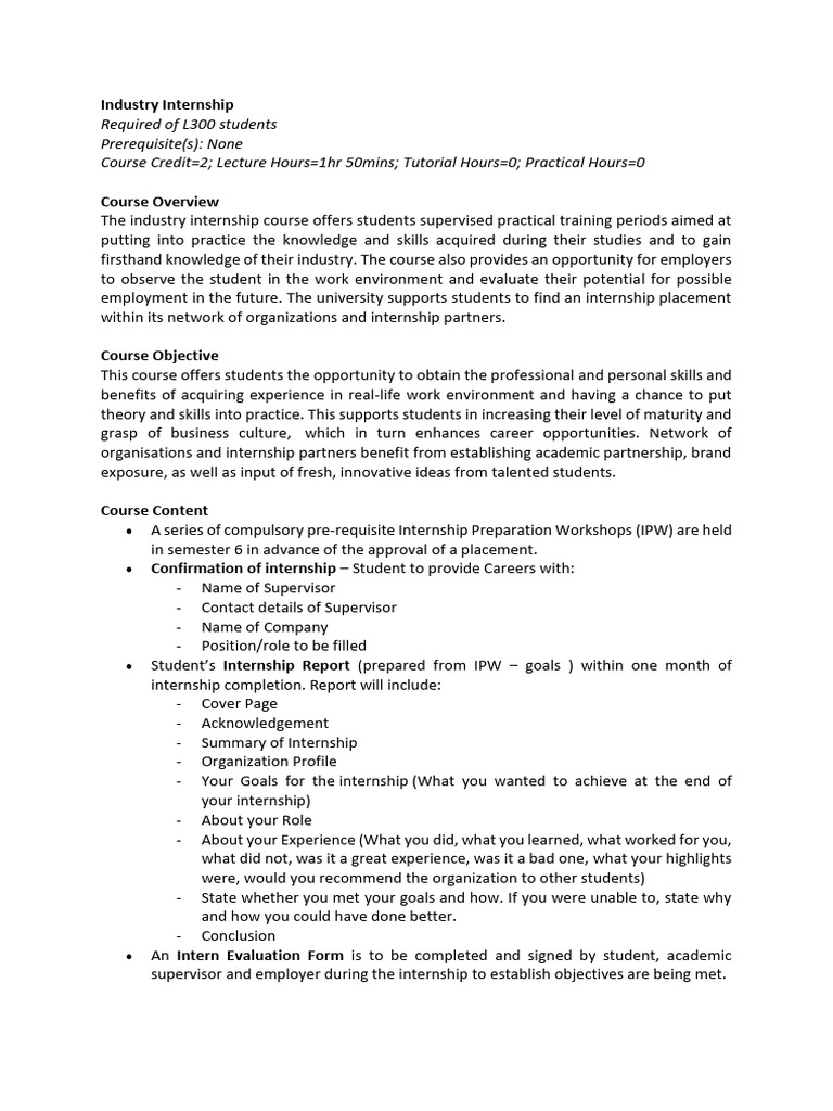 Industry - Internship - Course Outline - 2024 | PDF | Internship | Job ...
